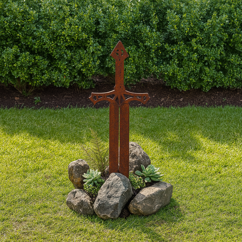 Sword in the Stone Garden Ornament - Excalibur Decoration - Indoor Outdoors