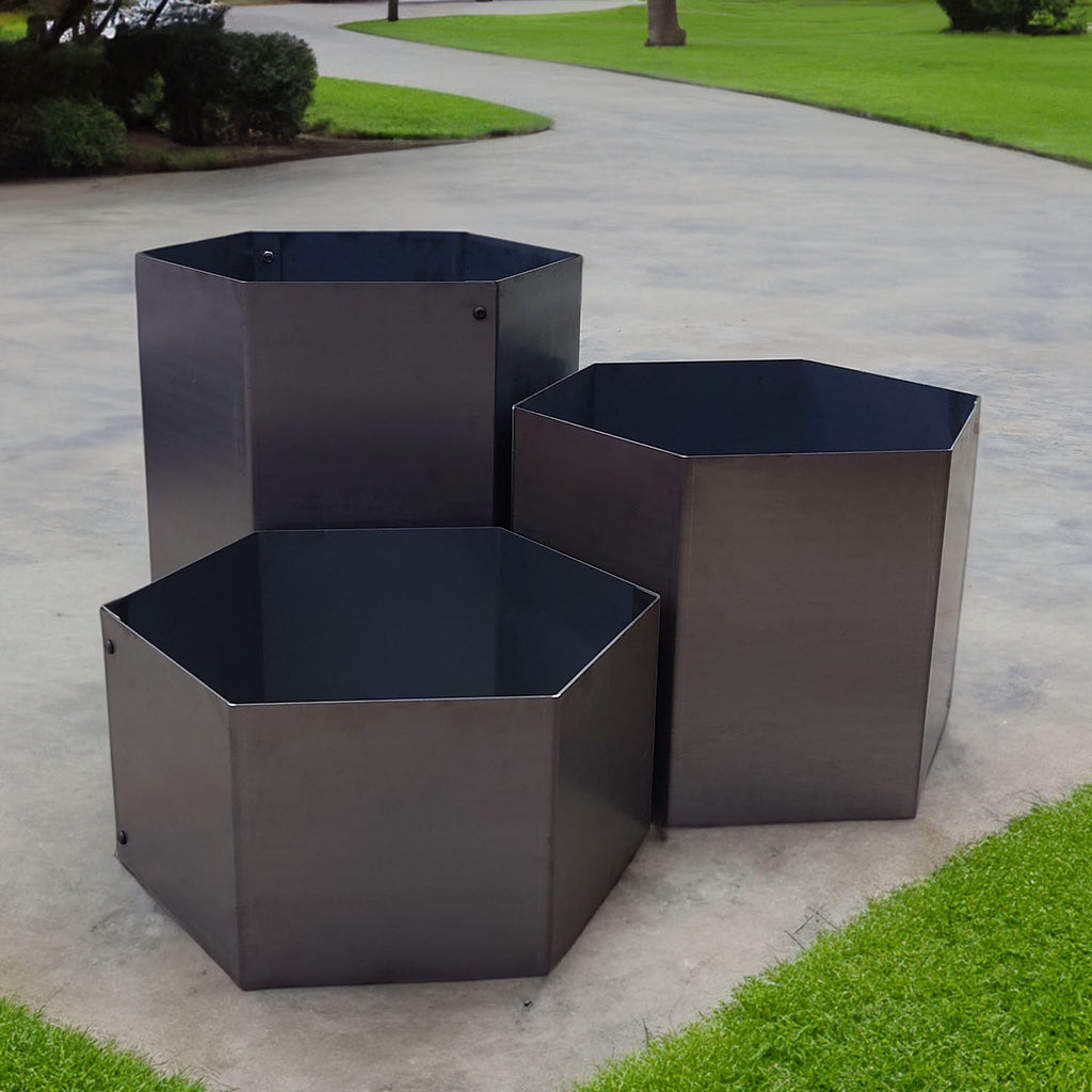Hexagon Shaped Planter Trio Set - 3 Rustic Steel Planters - UK