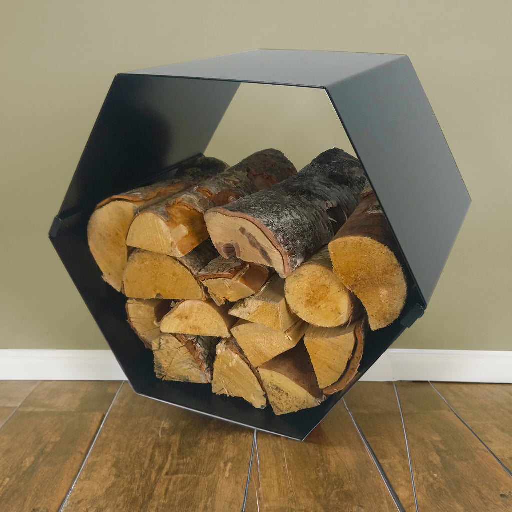 Hexagon Log Store - Black Finish - Volcann Collection